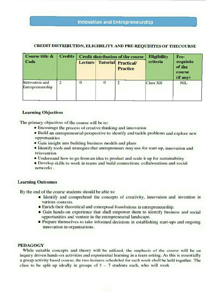 Syllabus of Innovation and Entrepreneurship | PDF