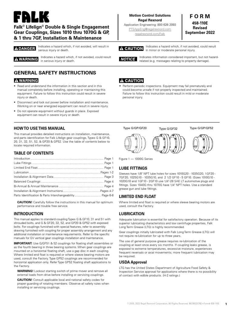 458 110 Falk Lifelign Type G, Sizes 1010 1070 Gear Couplings ...