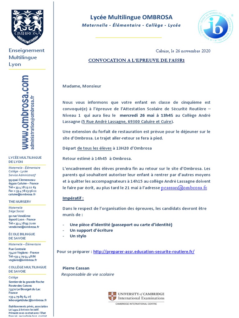 Convocation ASSR1 pour élèves d'Ombrosa | PDF