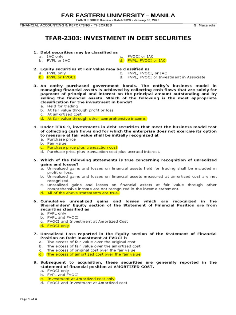 TFAR2303 - Investment in Debt Securities (With Answers) | PDF