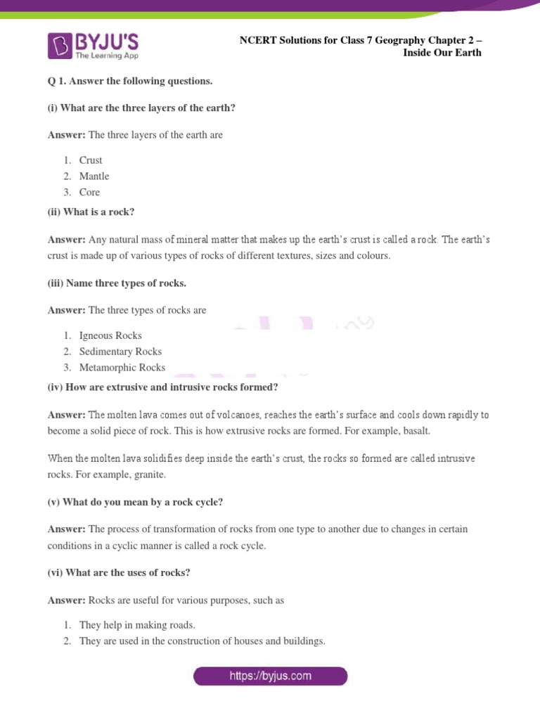 NCERT Solutions For Class 7 Geography Chapter 2 Inside Our Earth | PDF | Rock (Geology ...