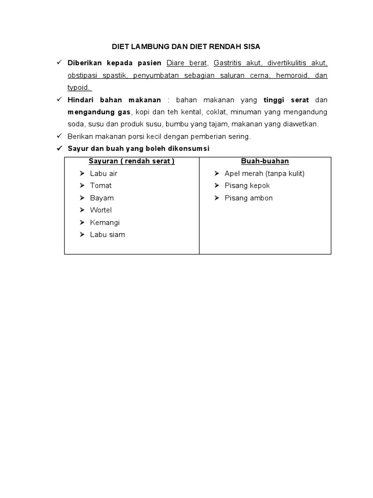 Diet Lambung & Rendah Sisa: Panduan | PDF