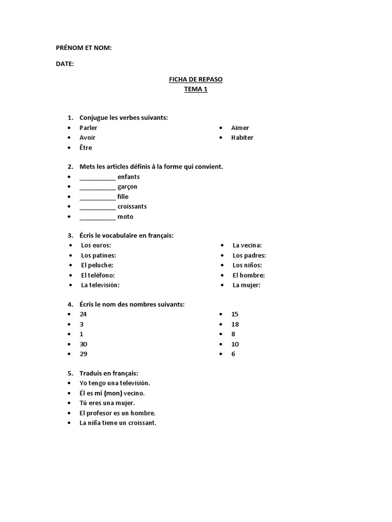 Ficha de Repaso de Francés Tema 1 | PDF