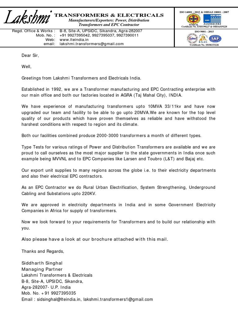 Introductory Letter | PDF | Electric Power | Electricity