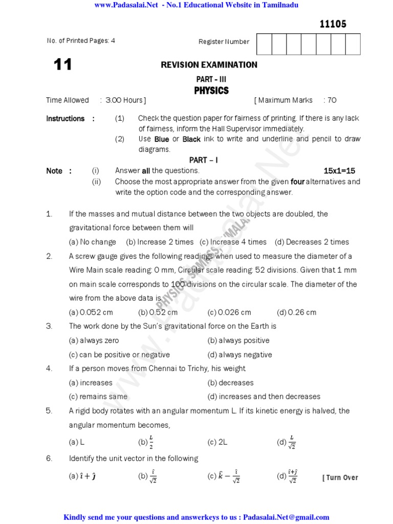 11th Physics EM Public Exam 2023 Original Question Paper English Medium PDF Download | PDF ...