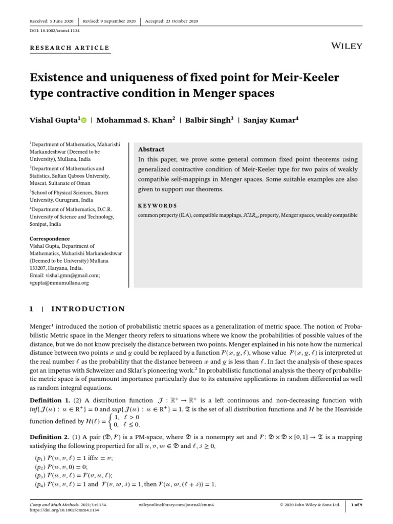 Existence and Uniqueness of Fixed Point For Meir-Keeler Type Contractive Condition in Menger ...