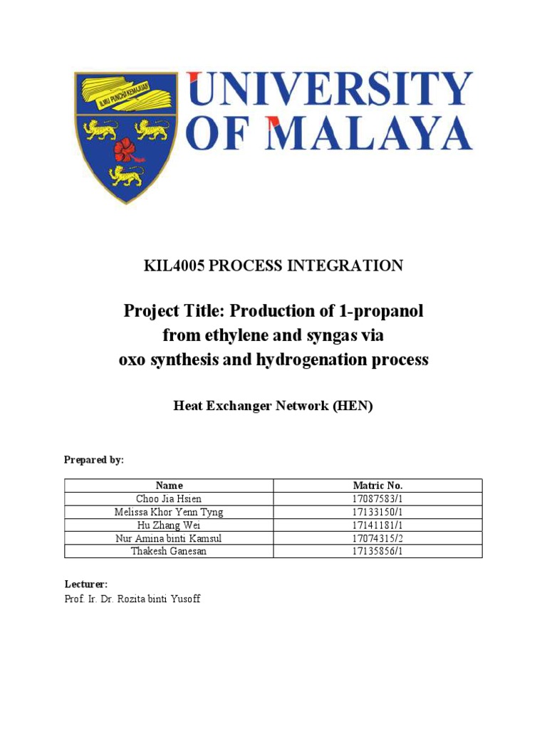 Final Process Integration Report (1-Propanol) | PDF | Chemistry | Chemical Process Engineering