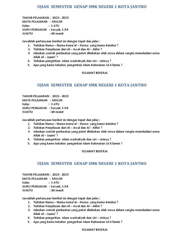 Ujian Mulok Semester 2 Kls X ATU | PDF | Sains & Matematika | Agama & Spiritualitas
