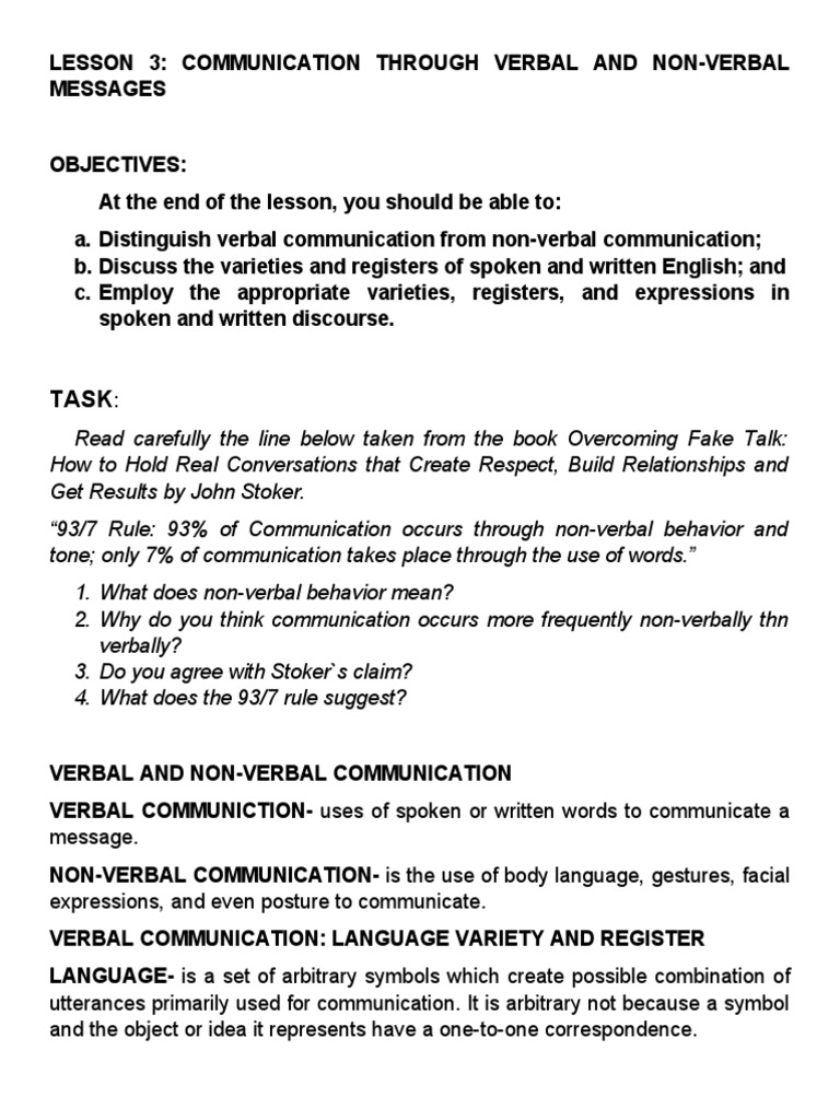 Lesson 3 Communication Through Verbal and Non Verbal Messages | PDF ...
