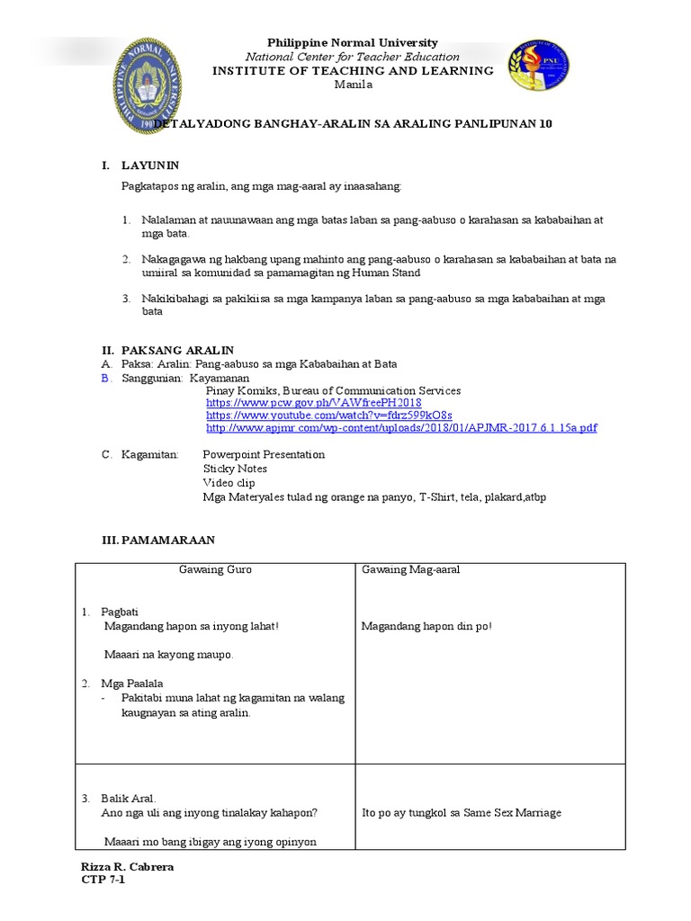 FINAL LESSON Plan Pang Aabuso Domestic Violence Against Women and ...