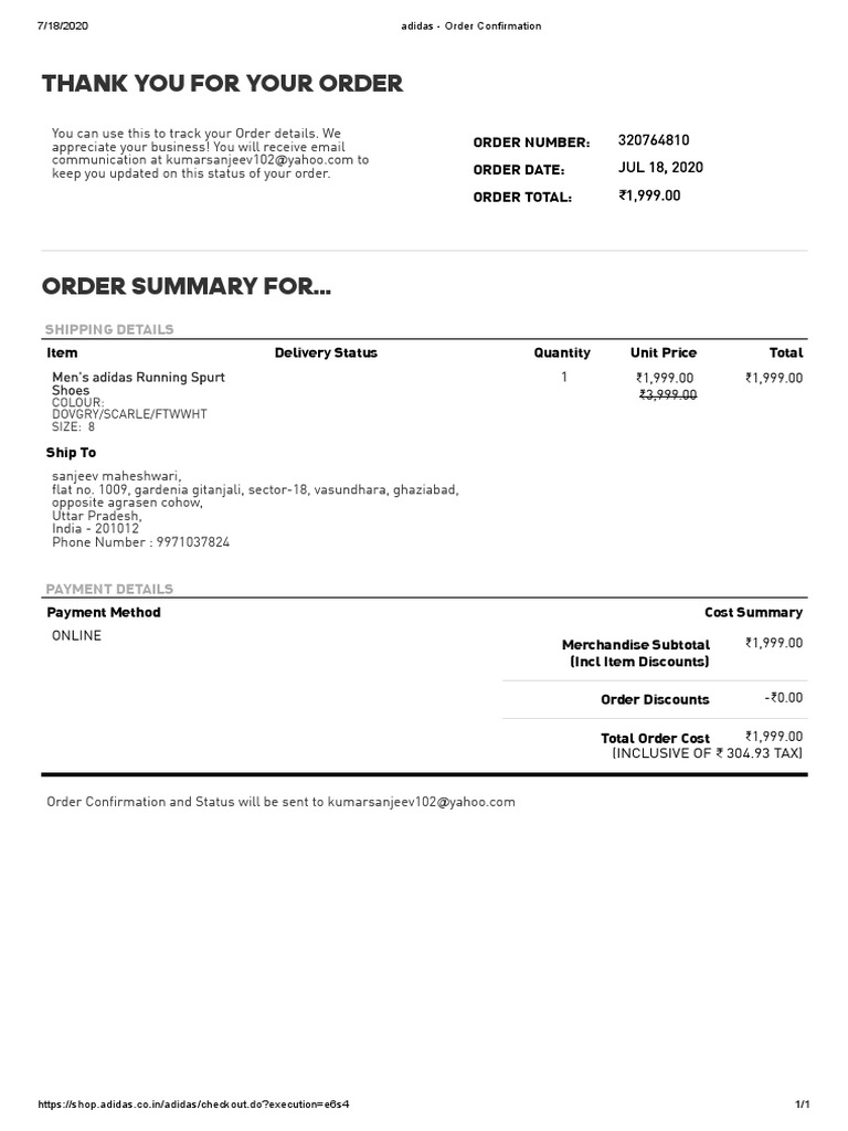Adidas Order Confirmation | PDF