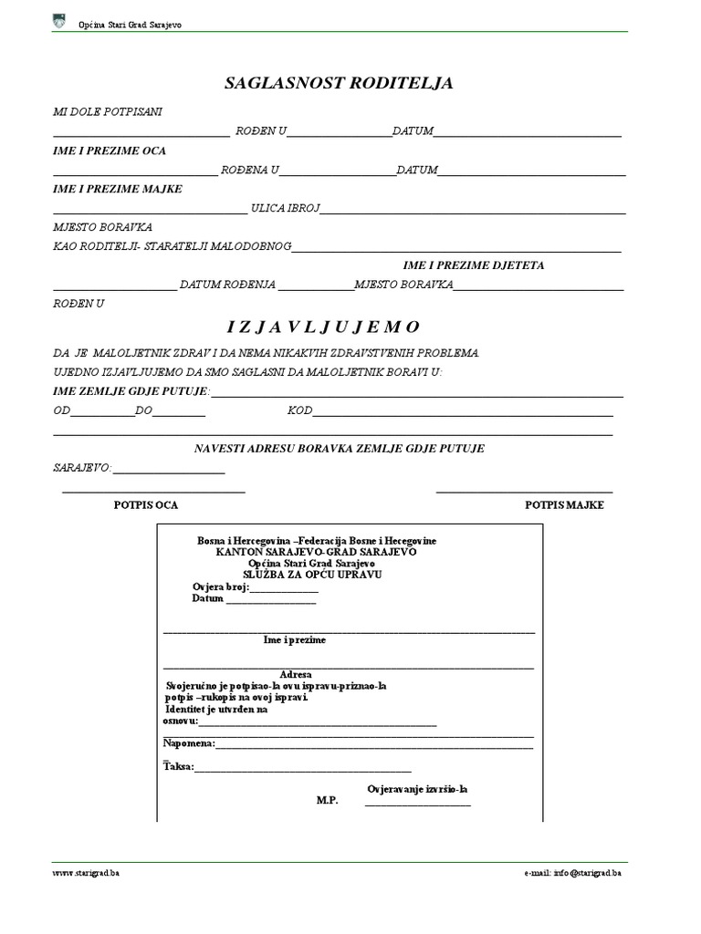 Saglasnost Roditelja: Ime I Prezime Oca | PDF