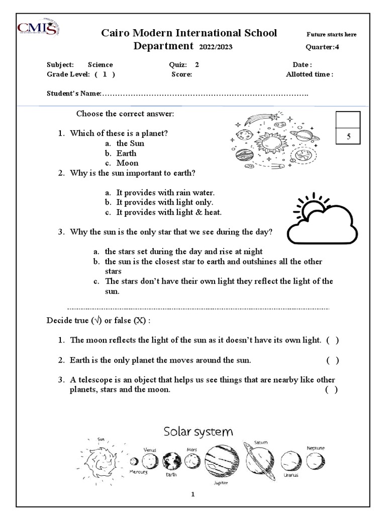 Grade 1 Quiz 4.2 Day & Night Sky. | PDF | Science & Mathematics