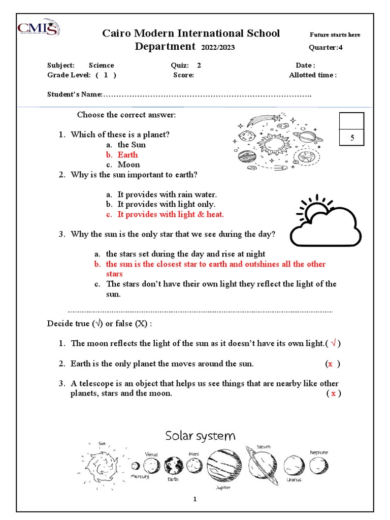 Grade 1 Quiz 4.2 Day & Night Sky Model Answer. | PDF