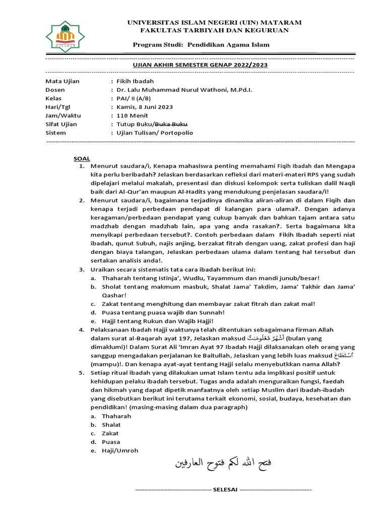 Soal Uas Fiqih Ibadah Kelas Iia Dan Iib Pai | PDF | Agama & Spiritualitas
