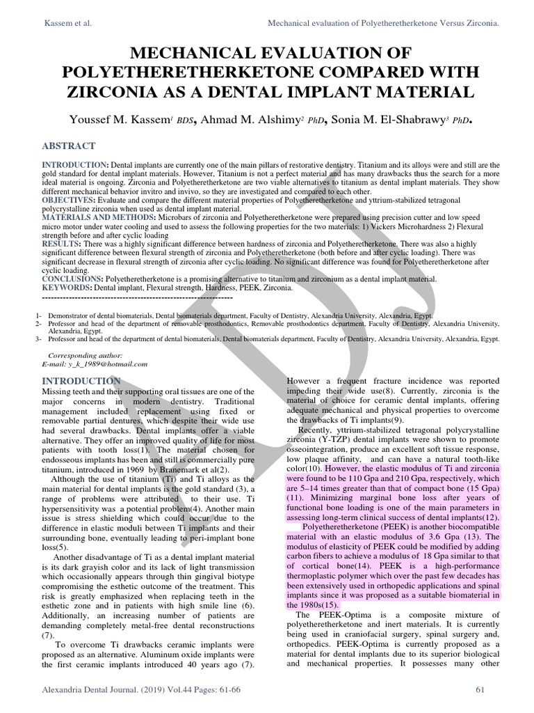 Mechanical Evaluation of Peek Compared With Zirconia As A Dental Implant Material | PDF | Dental ...