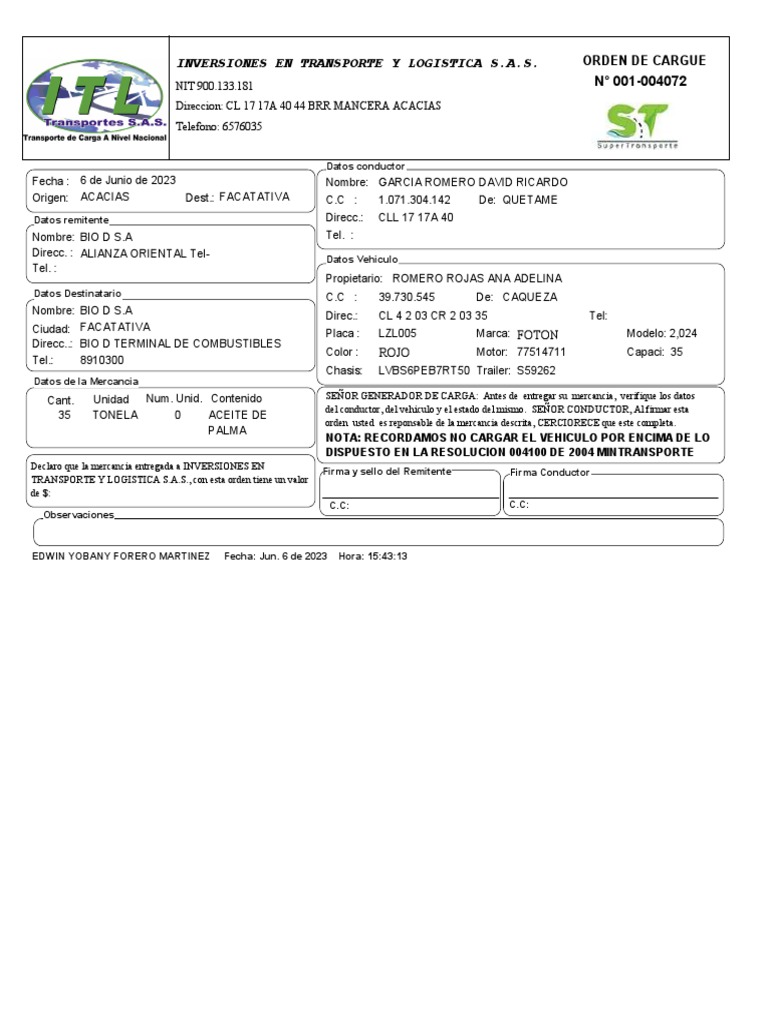 4072 Orden de Cargue LZL005 | PDF