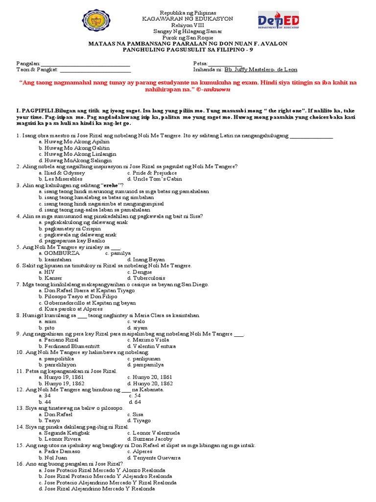 Summative in Fil 9 | PDF