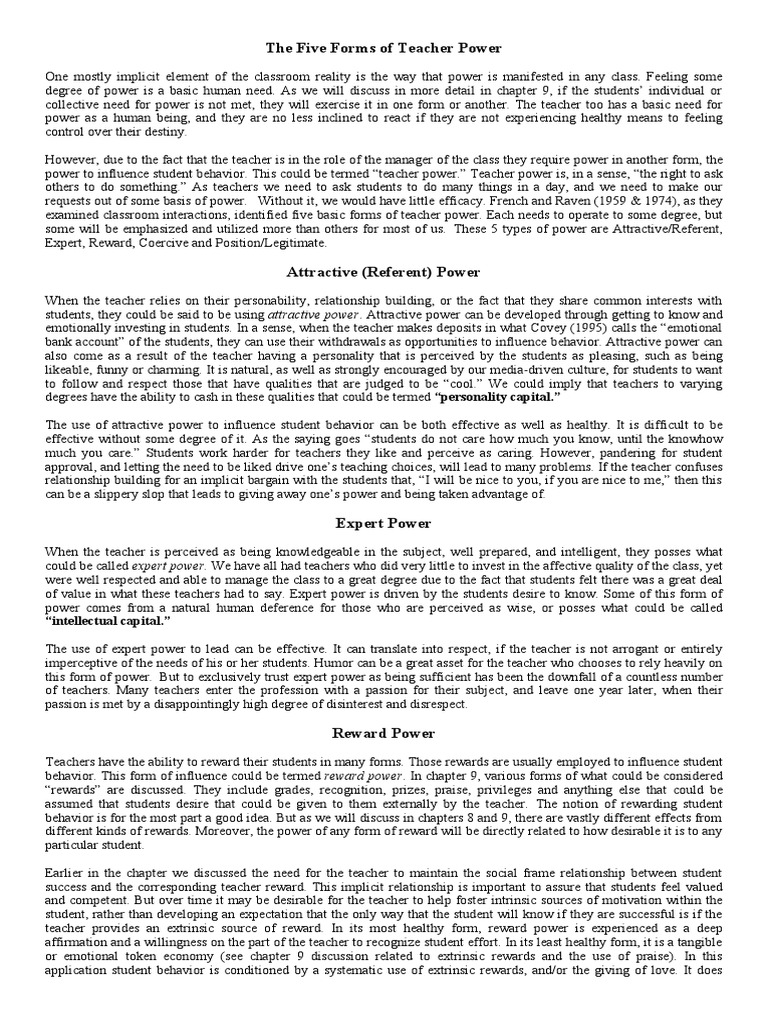 Five Types of Teacher Power Explained | PDF | Power (Social And ...