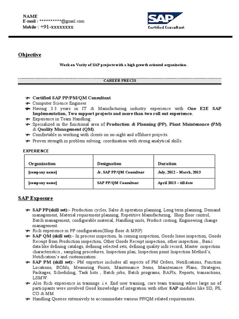 Sap PP Sample Resume 3 | PDF | Concrete | Information Technology Management