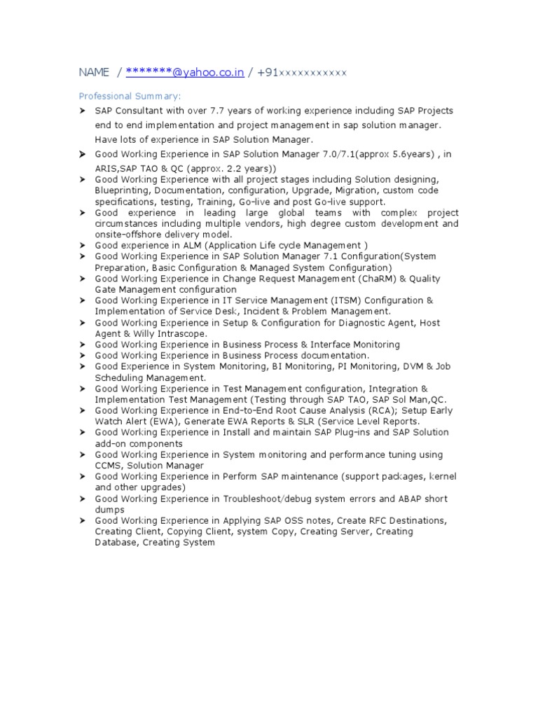 Sap Solution Manager Sample Resume 3 | Download Free PDF | Databases | Business Process Management