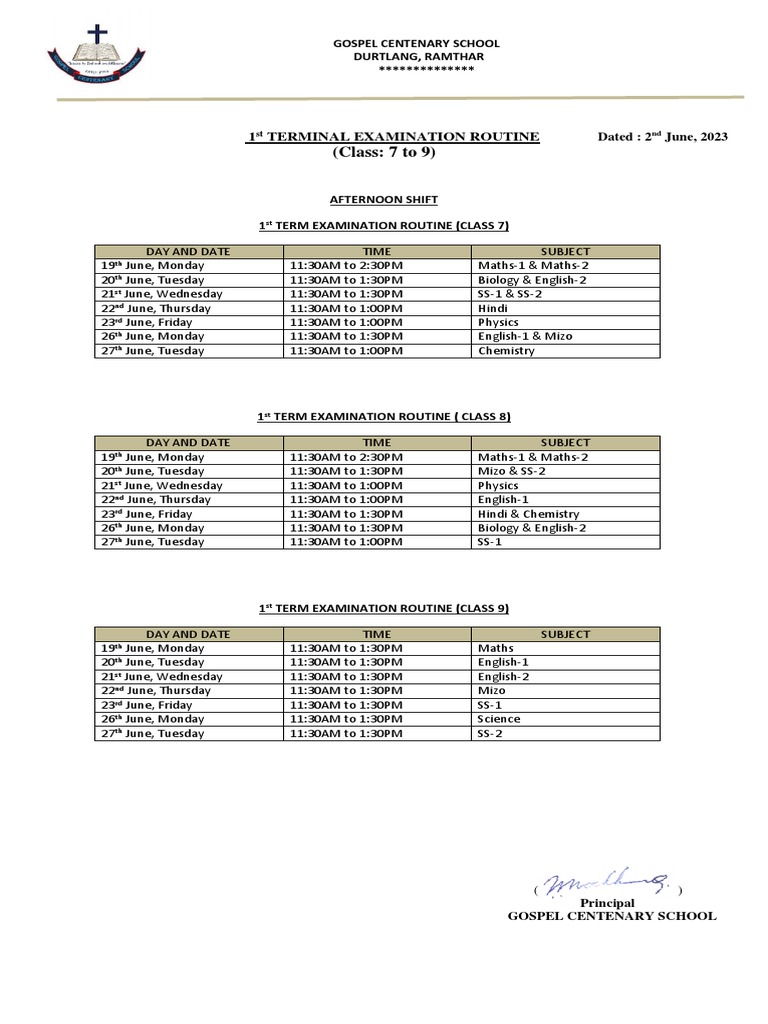 Class 7 To 9 1st Term Exam Routine 6666 | PDF