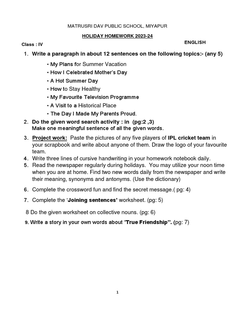 Class 4 Holiday Homework 2023-24 | PDF | Deafness | Numbers