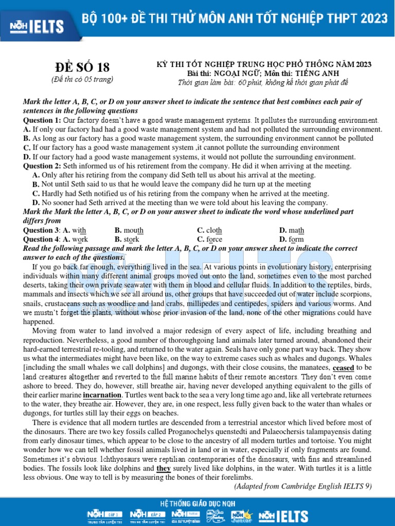 Đề phát triển minh họa Tiếng Anh 2023 Bộ 2 - Đề số 18 - HS | PDF
