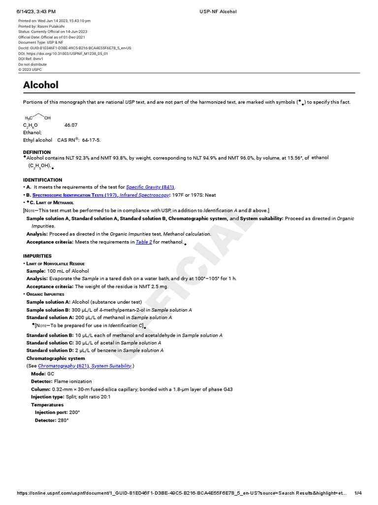 USP-NF Alcohol | PDF | Chemical Substances | Physical Sciences