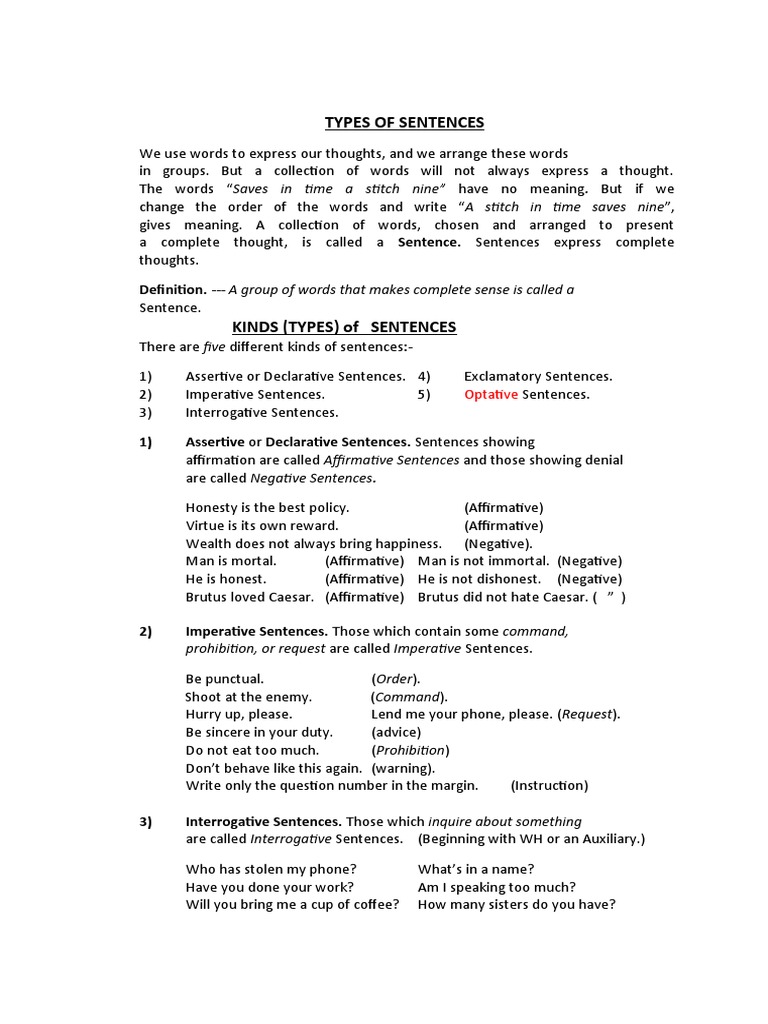 Types (Kinds) of Sentence | PDF | Question | Sentence (Linguistics)