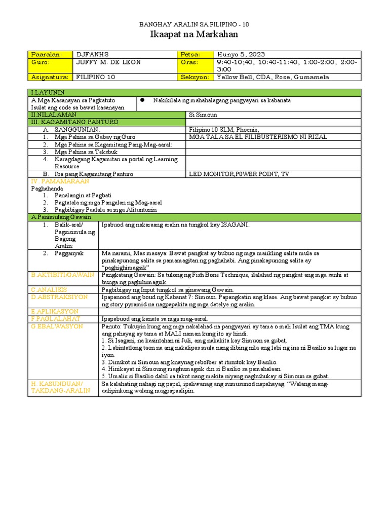 Lesson Plan in Filipino 10 - Si sIMOUN | PDF