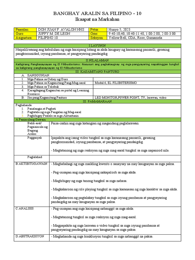 Lesson Plan in Filipino 10 - June 5 | PDF