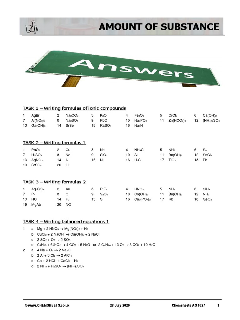 Chemsheets AS 1027 Amount of Substance ANS | PDF