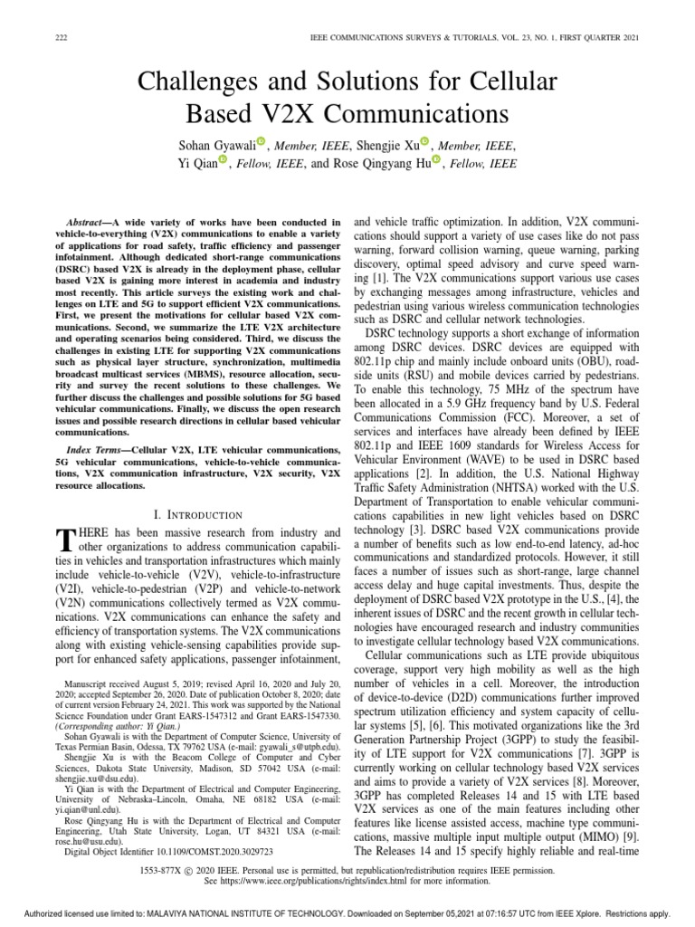 Challenges And Solutions For Cellular Based V2x Communications Pdf Telecommunications