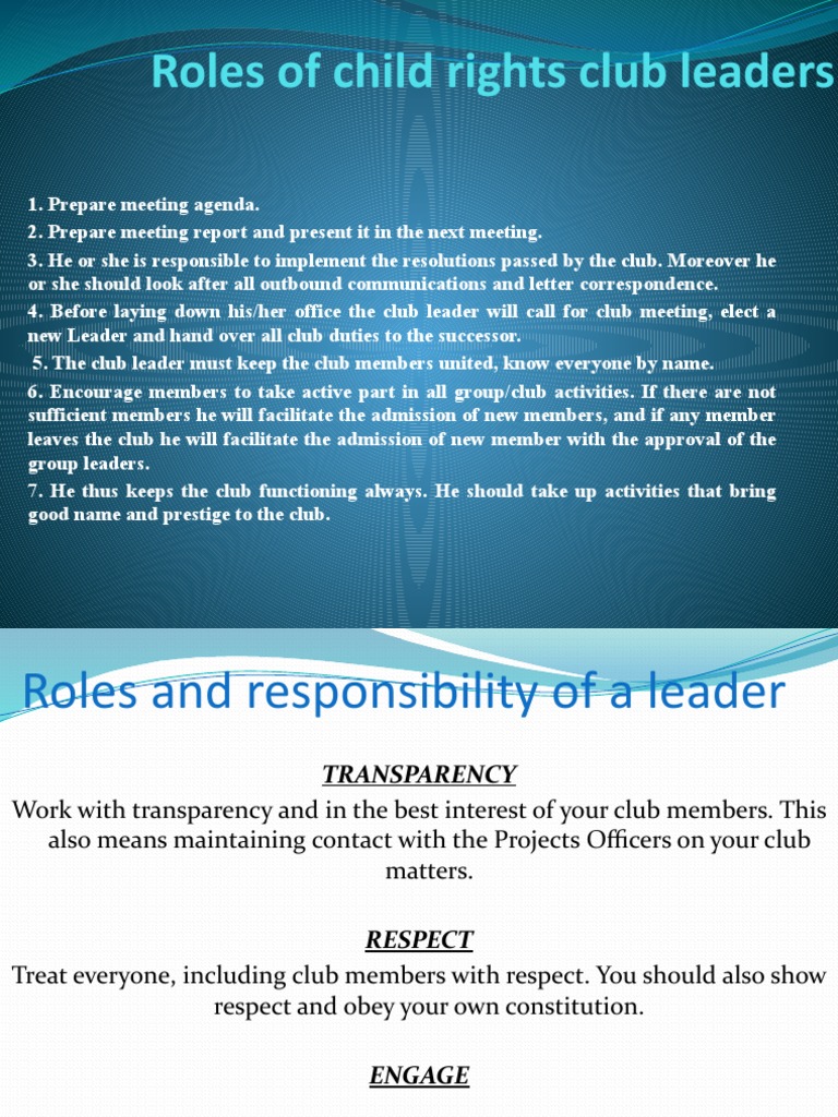 Child Rights Club Leadership Roles | PDF | Leadership | Behavioural ...