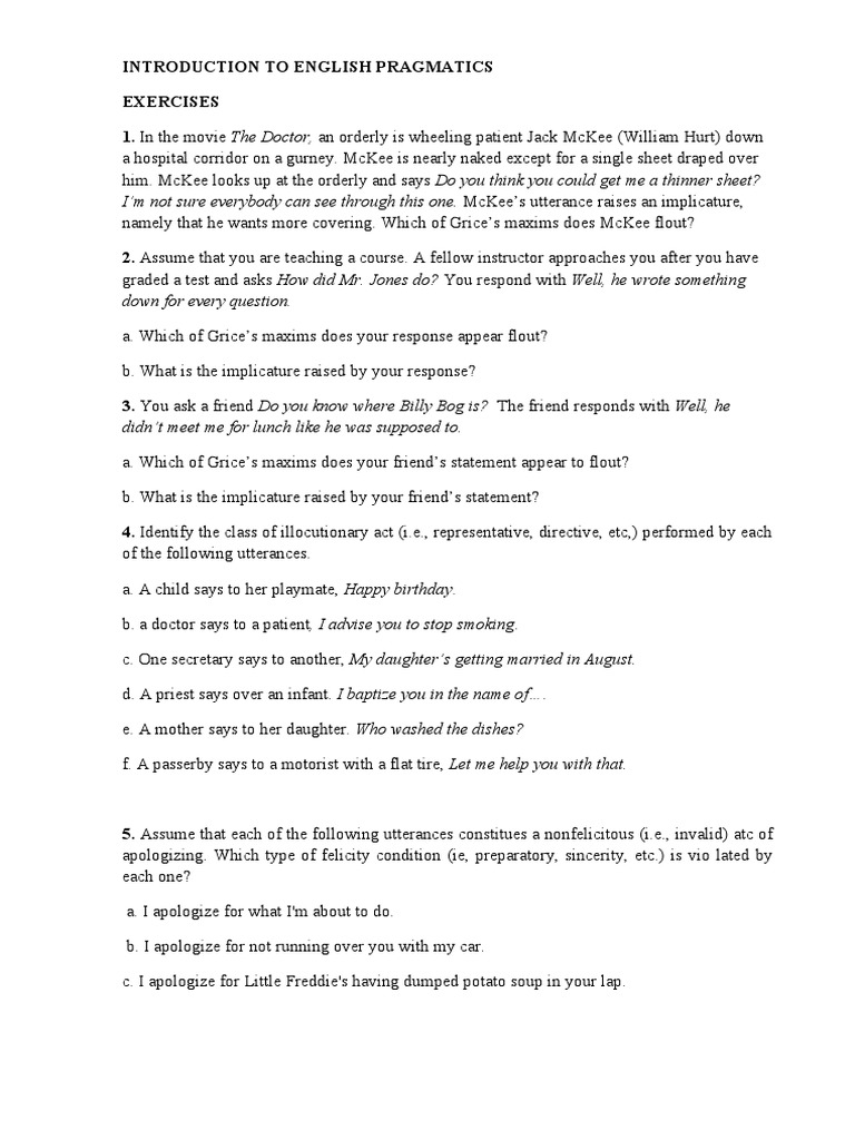 English Pragmatics Exercises | PDF | Question | Communication