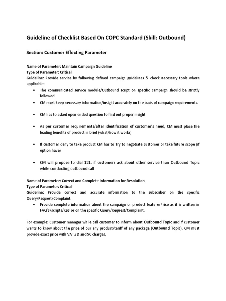 Guideline of Checklist Based On COPC Standard Skill Outbound | PDF | Etiquette | Information