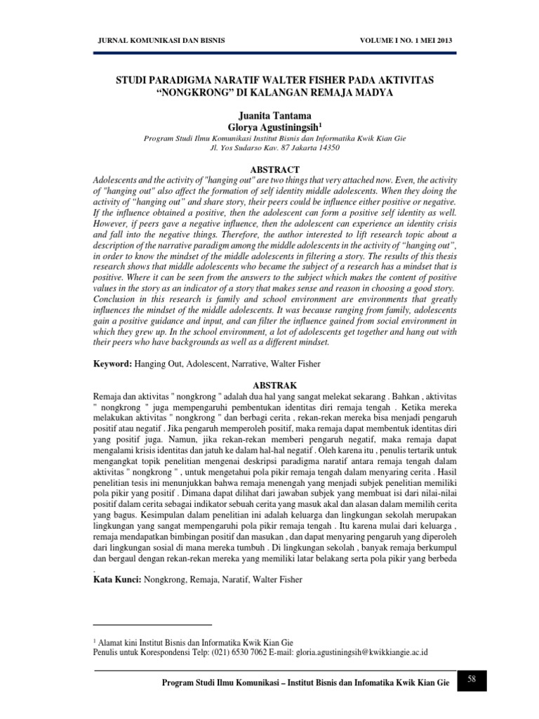 Studi Paradigma Naratif Walter Fisher Pada Aktivitas: "Nongkrong" Di ...