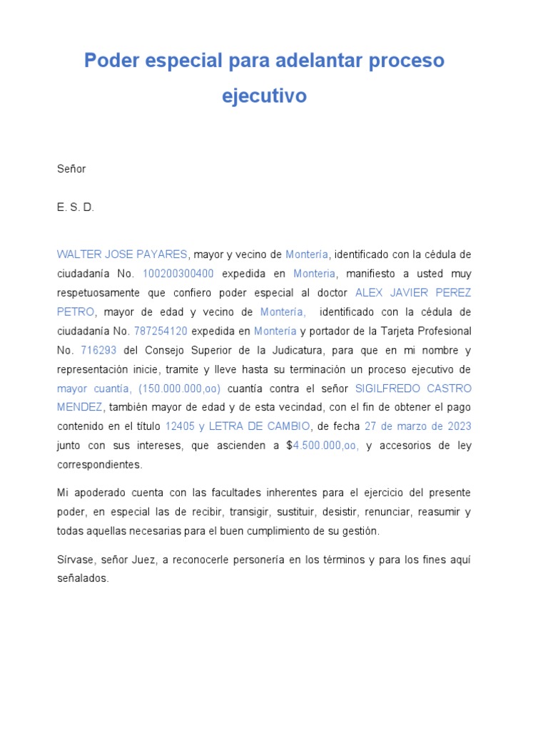 Poder Especial para Adelantar Proceso Ejecutivo | PDF