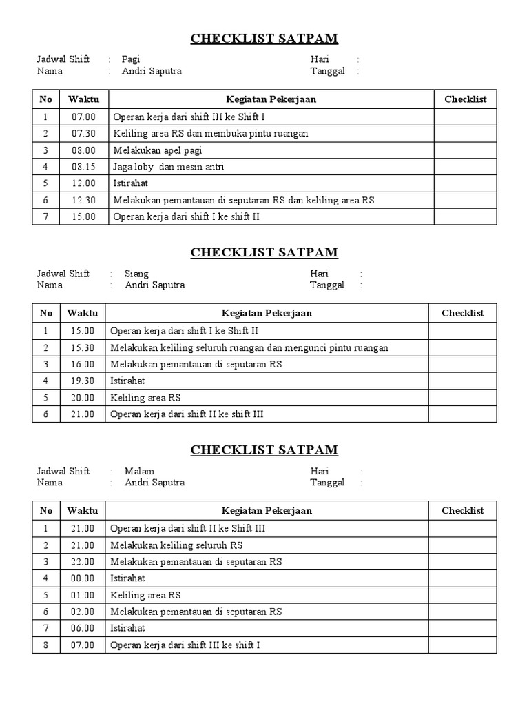 Checklist Jadwal Keliling Satpam | PDF