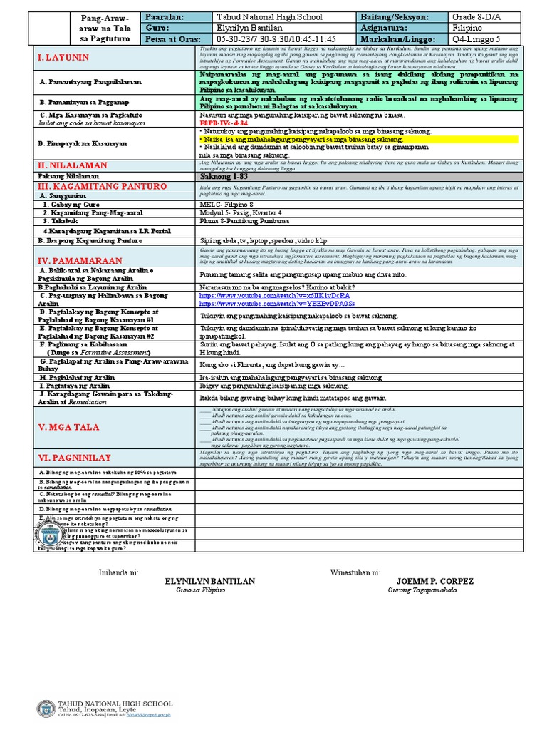 Q4 - Filipino 8 - DLL - W5 - D2 | PDF