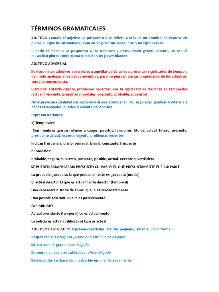 TÉRMINOS GRAMATICALES Ordenados | PDF | Verbo | Adverbio