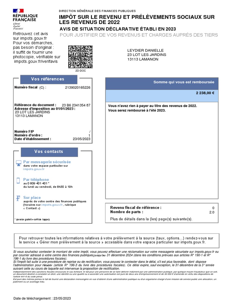 Avis de Situation Declarative A L Impot 2023 Sur Les Revenus 2022 Le 23 05 | PDF