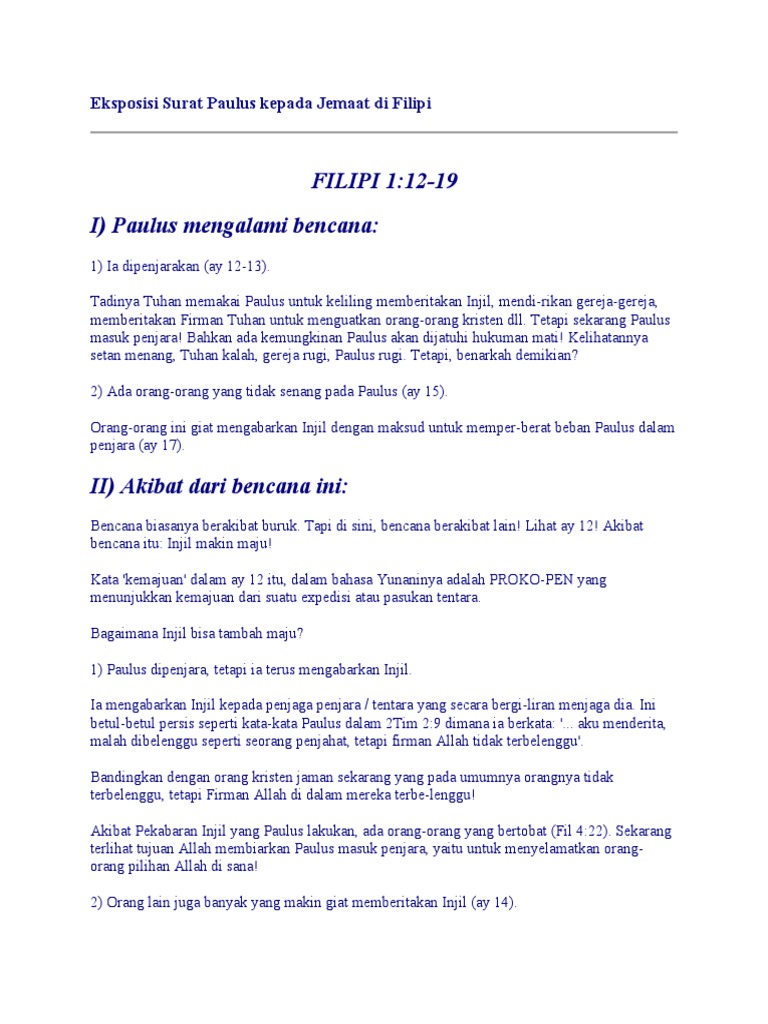 Eksposisi Surat Filipi 1 Ayat 12-19 | PDF