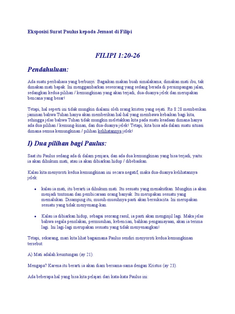 Eksposisi Surat Filipi 1 Ayat 20-26 | PDF