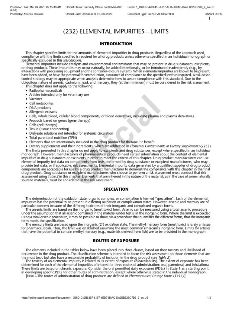 Elemental impurities USP 232 | PDF
