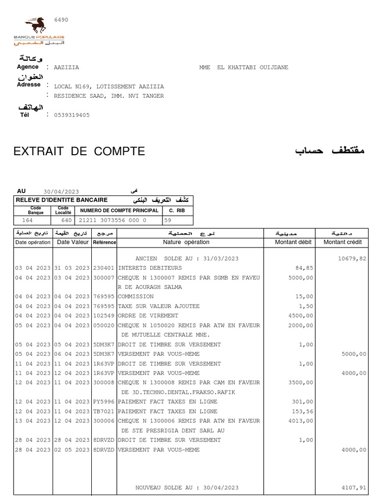 Relevé de compte bancaire avril 2023 | PDF | Argent | Bancaire