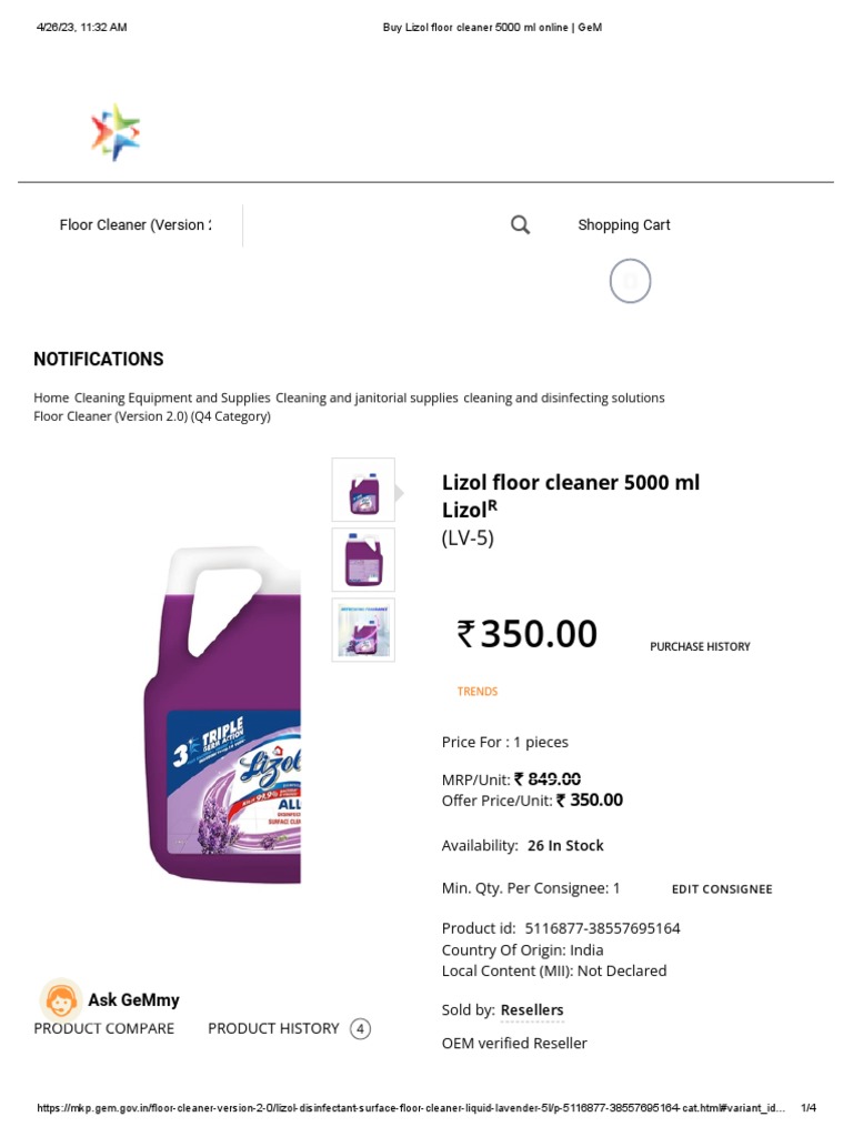Buy Lizol Floor Cleaner 5000 Ml Online _ GeM | PDF
