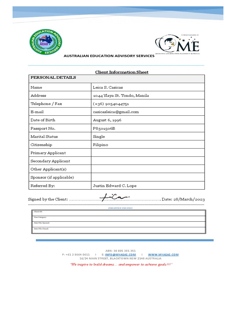 AEAS Client Information Sheet | PDF