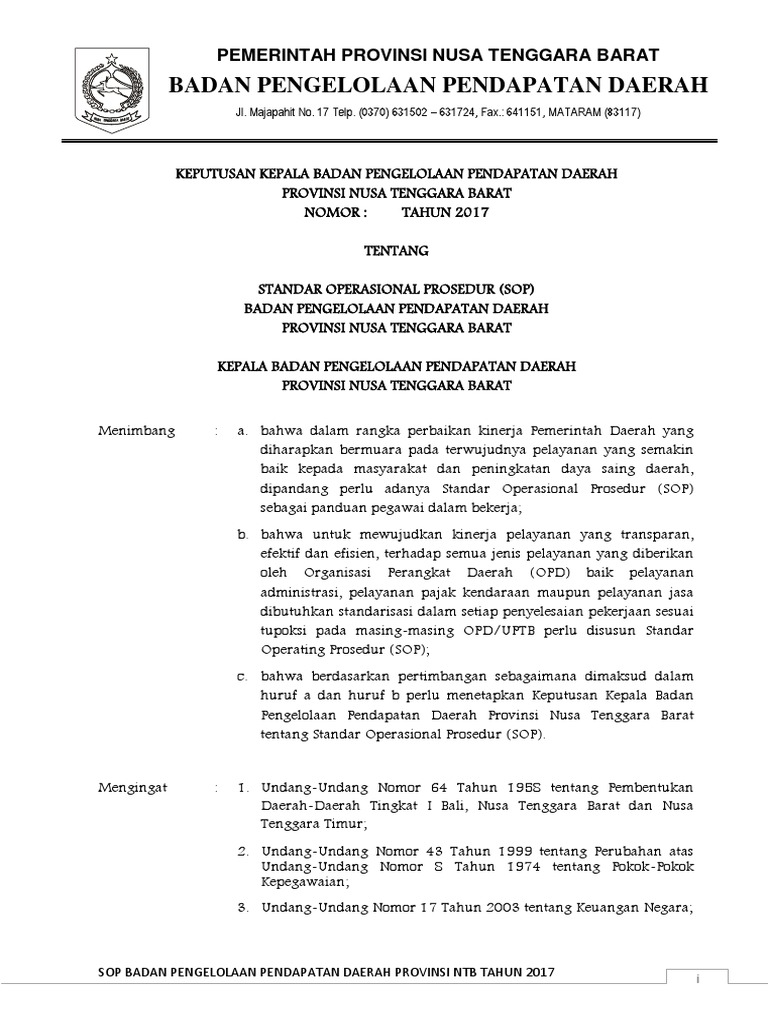 Penjelasan Sop Bappenda NTB | PDF